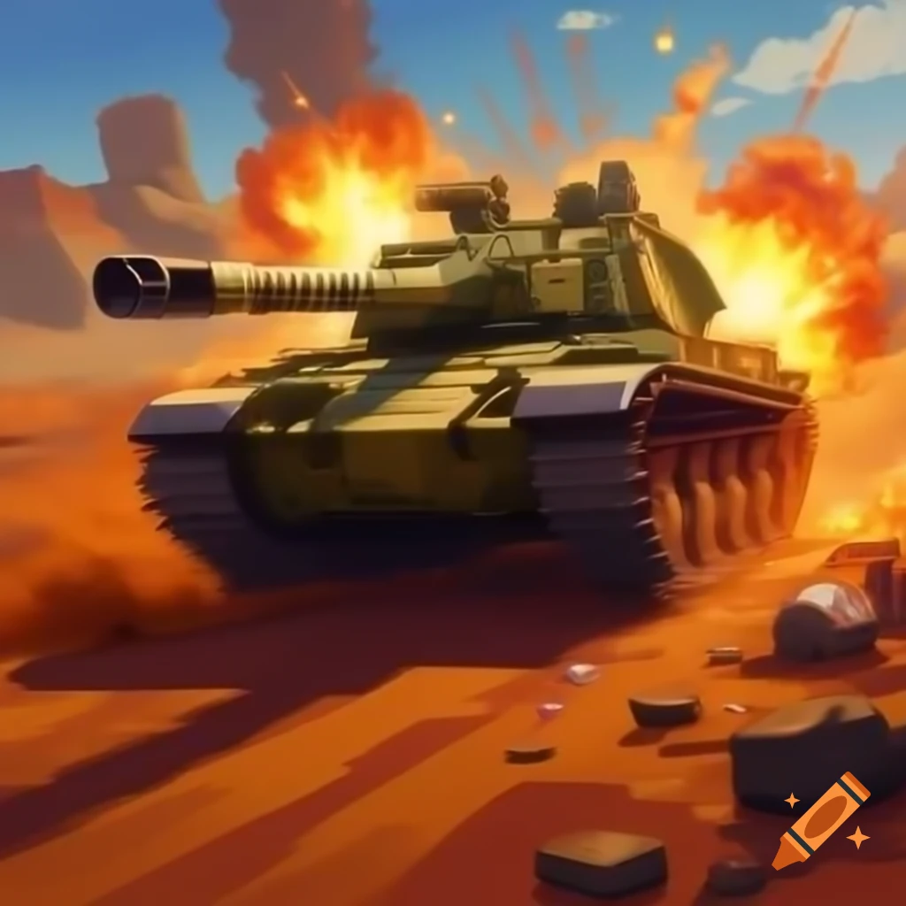 Pixelated tank maneuvering through battlefield with explosions on ...