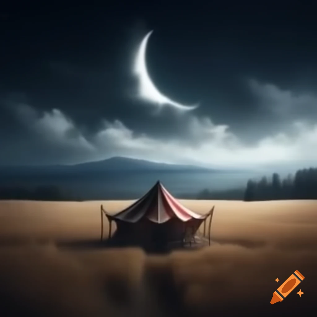 Circus tent in field under crescent moon and clouds with distant ...