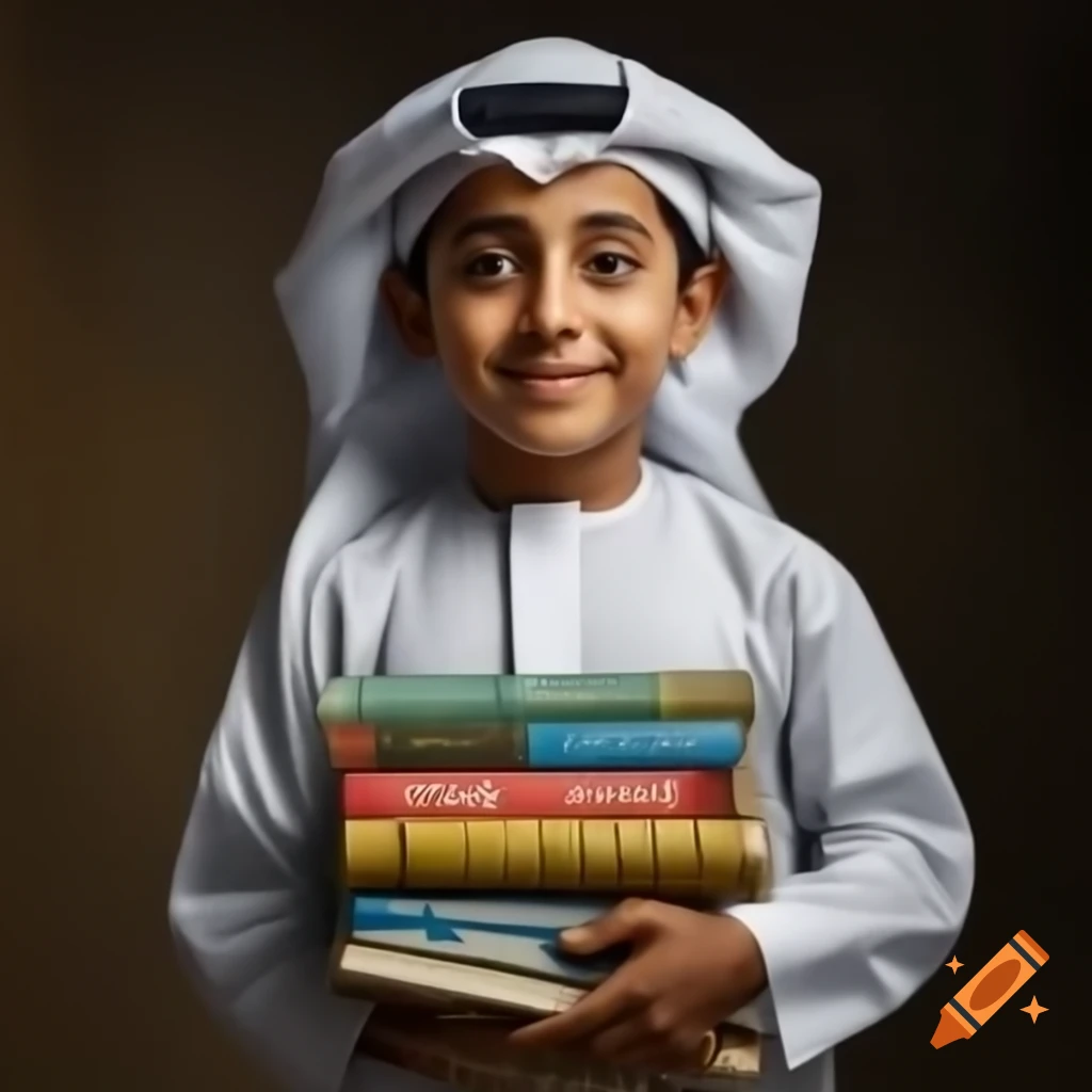 Happy kuwaiti boy in traditional attire holding stack of books on Craiyon