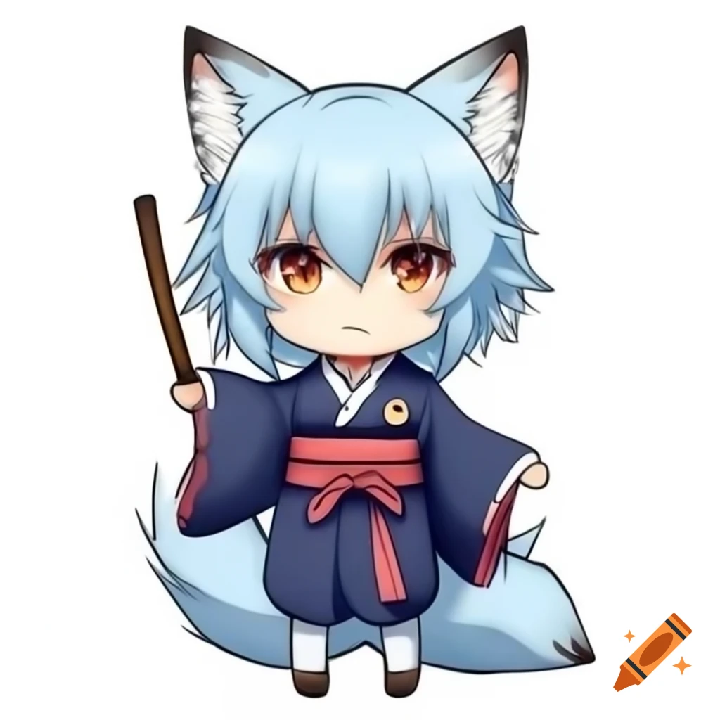 Chibi female arctic fox courtier in traditional Japanese clothing ...