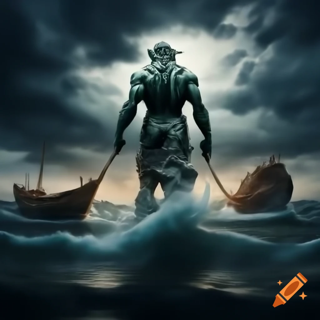 Giant bronze poseidon statue emerging from the sea amidst destruction ...