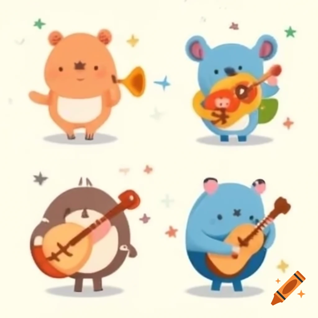 Cartoon animals playing instruments, cheerful and simple design for ...