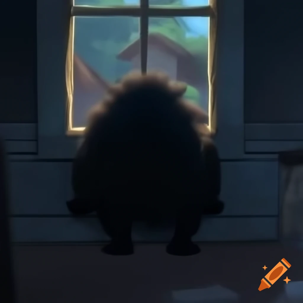 Silhouette of a troll lurking in a window of a house on Craiyon