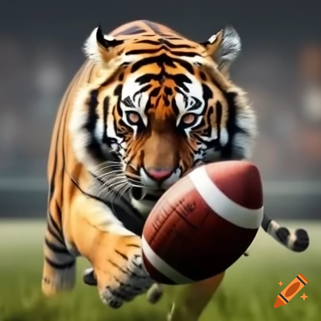 Tiger playing football in an entertaining scene on Craiyon