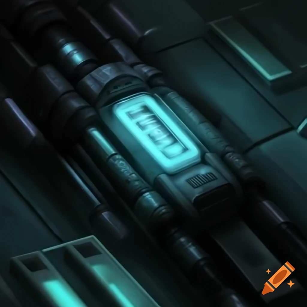 Close-up concept art of glowing sci-fi battery in black and white ...