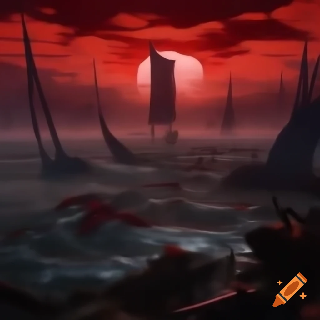 Crimson-stained sea battlefield with broken banners and swords in ...