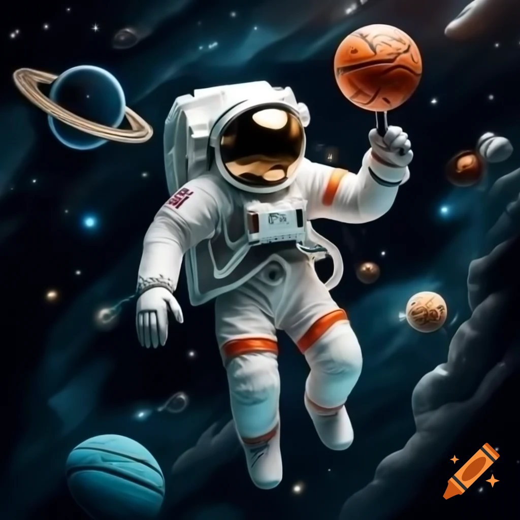 Hyper realistic astronaut floating in space spinning Saturn on finger ...