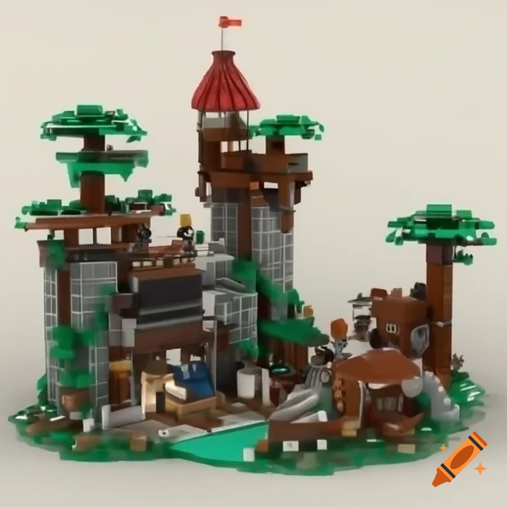 Lego adventurer's camp with towers and tents in forest setting ...