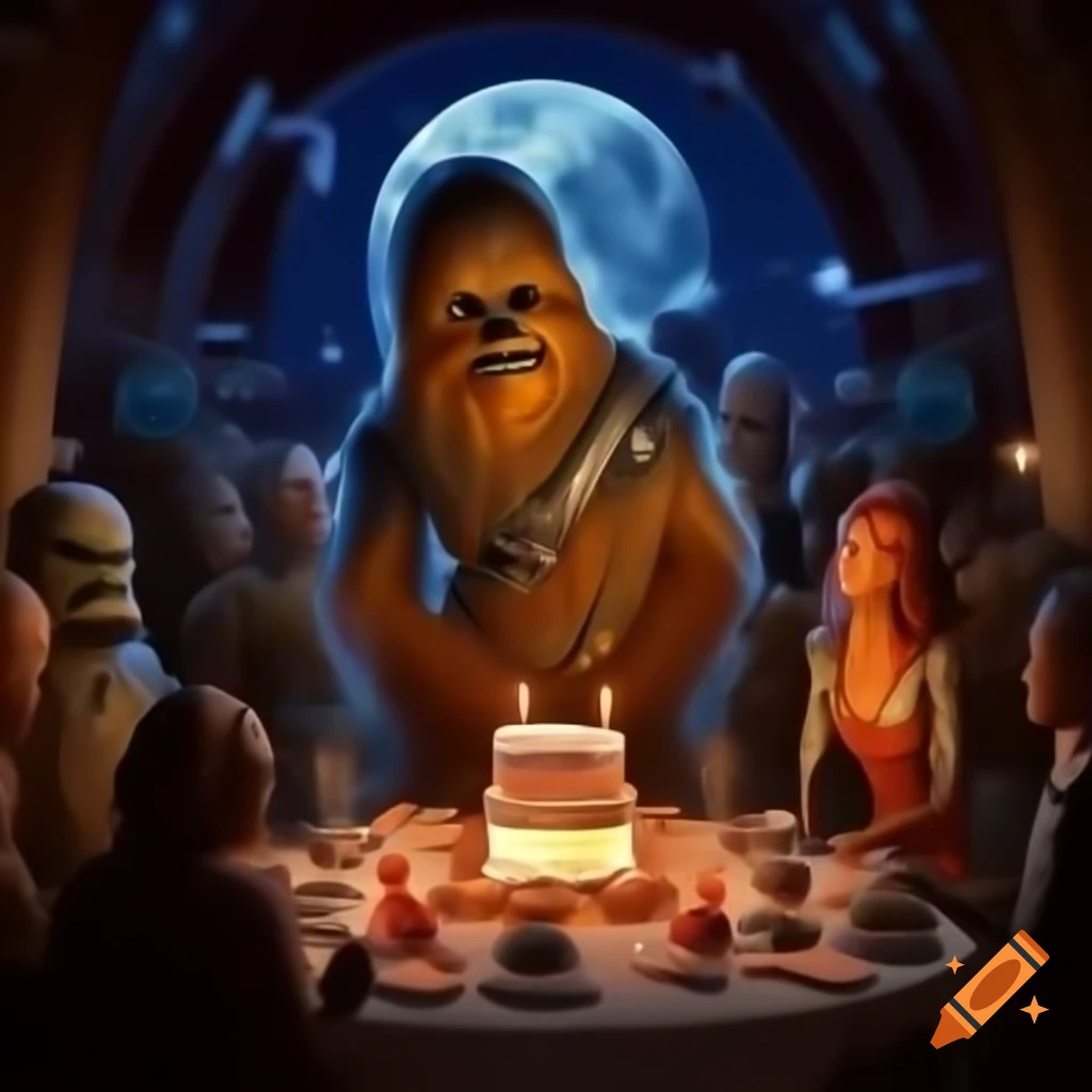Han Solo and Chewbacca celebrating droid's birthday under twin moons on ...