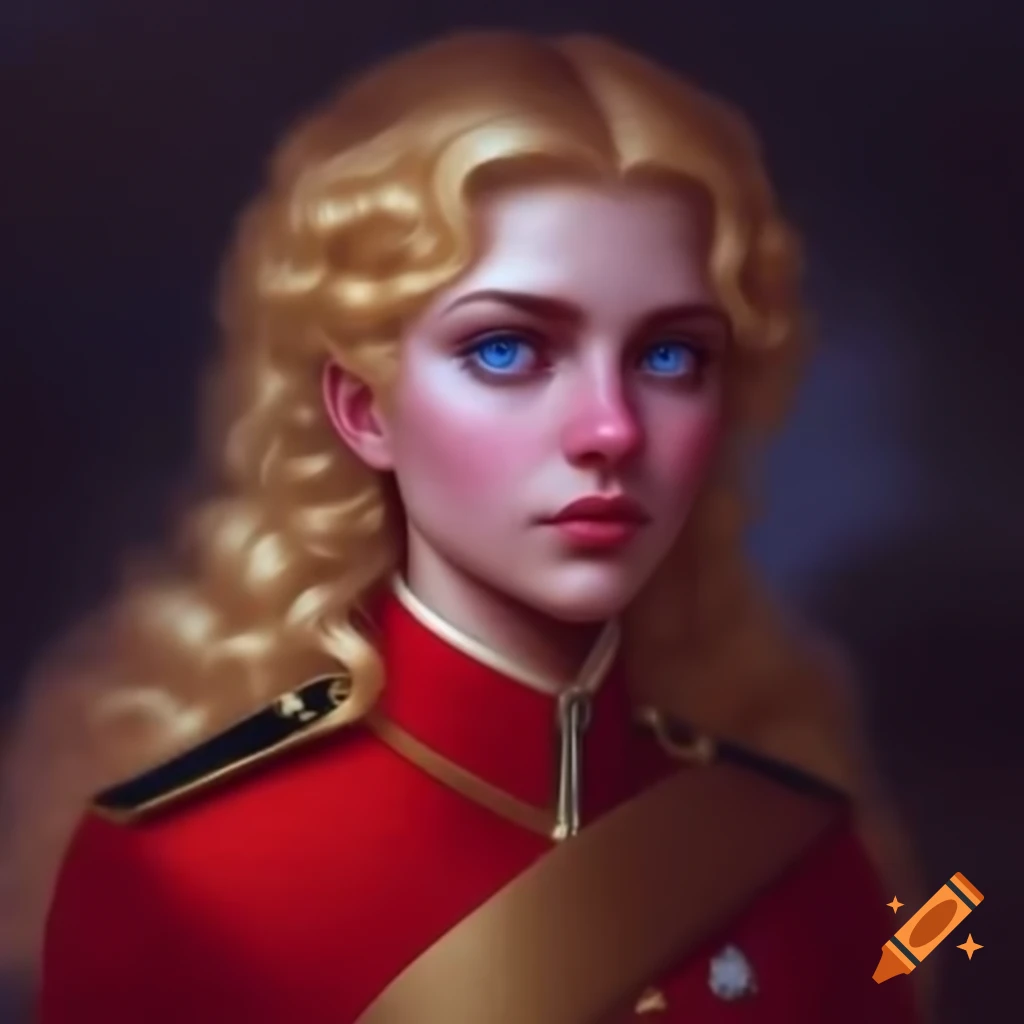 Androgynous commander of French royal guard in red military dress ...