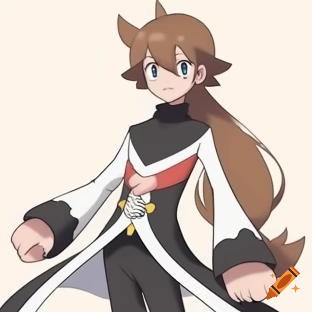 Confident male Pokémon trainer with long brown hair and black outfit ...