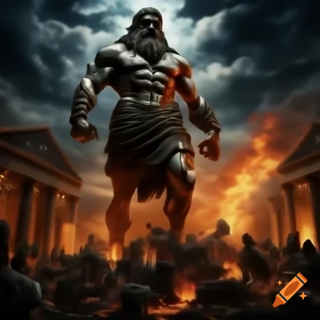 Giant bronze Zeus statue destroying ancient city under night sky with ...