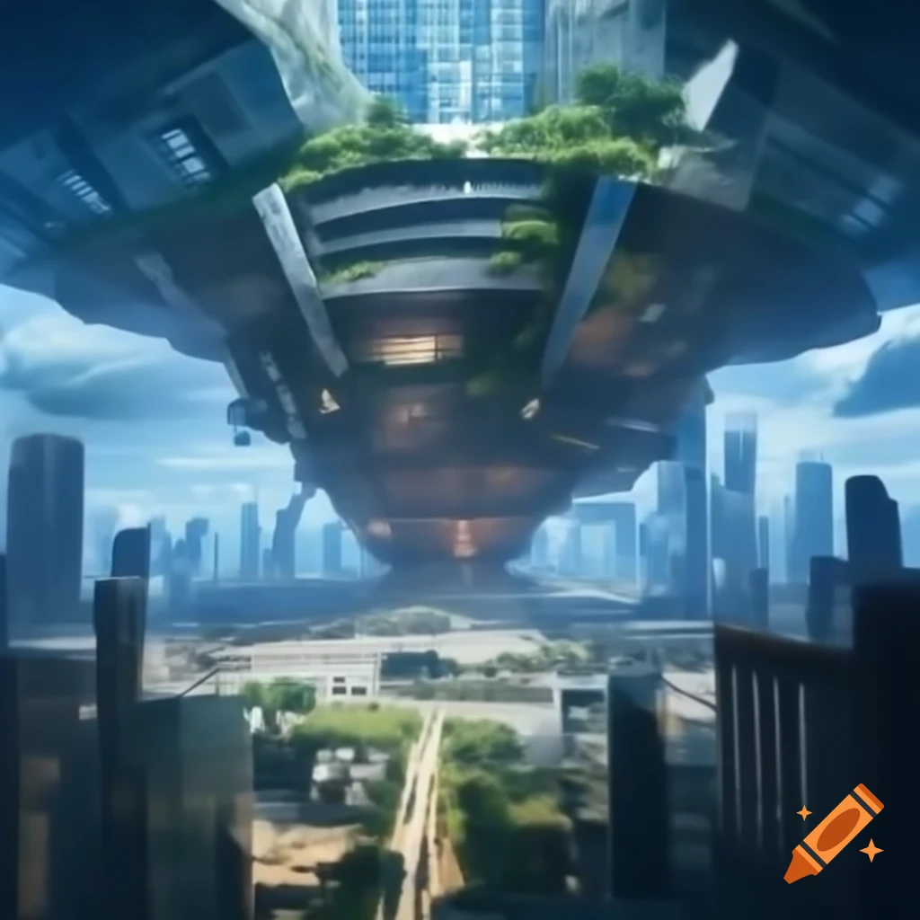 Futuristic cityscape in an upside-down, parallel world on Craiyon