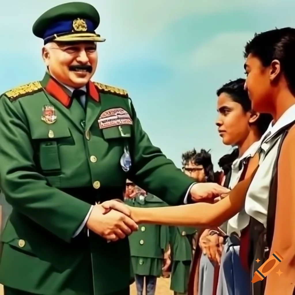 Dictator in military uniform presenting a scholarship, full body, color ...