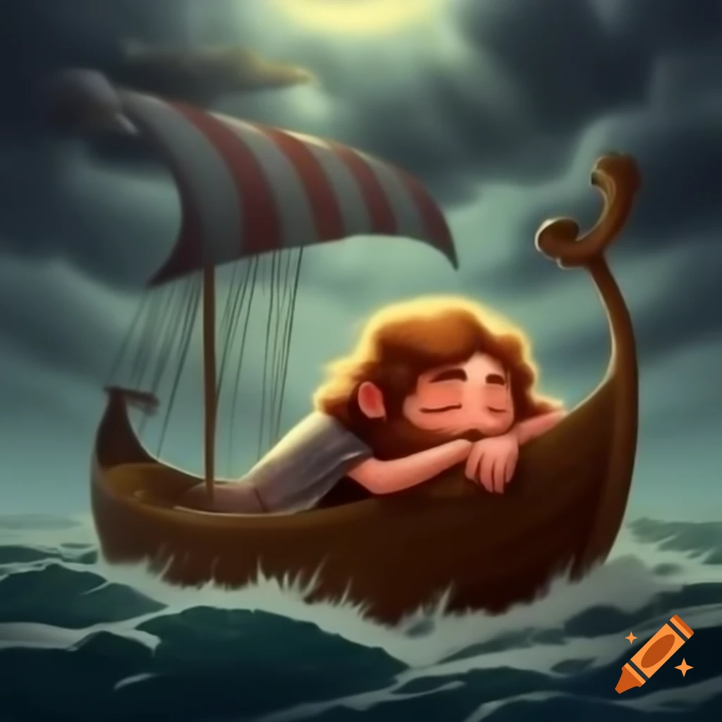 Cartoon of Jonah napping inside ancient ship during storm, humorous depiction on Craiyon