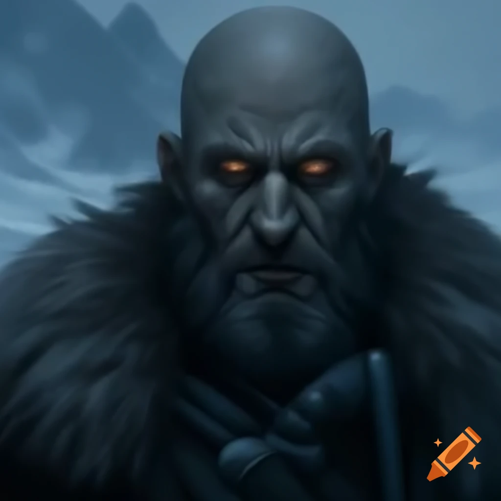 Towering figure with grey skin in snowy landscape, intense gaze on Craiyon