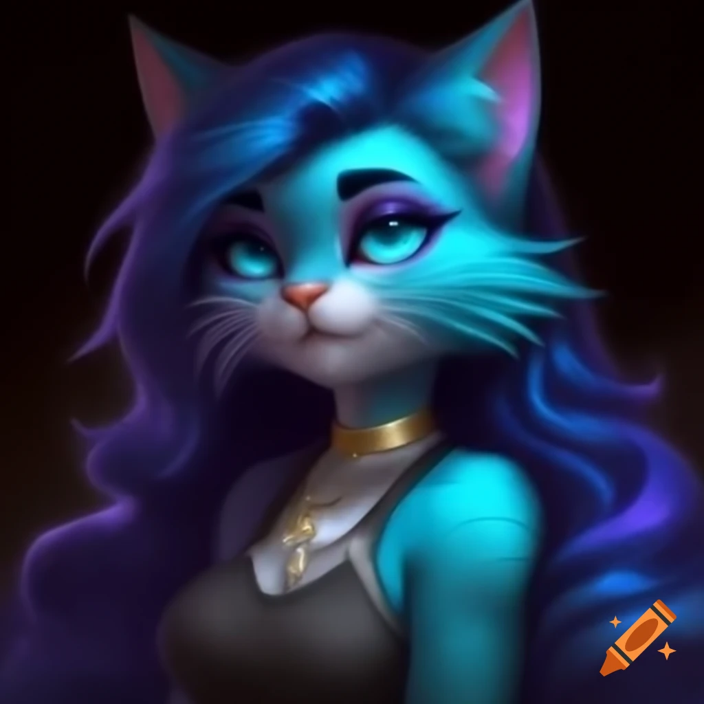 Female anthropomorphic cat with purple and cyan fur and long hair on ...