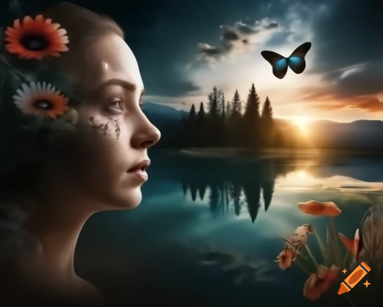 Surreal woman face surrounded by ancient trees and wildflowers on Craiyon