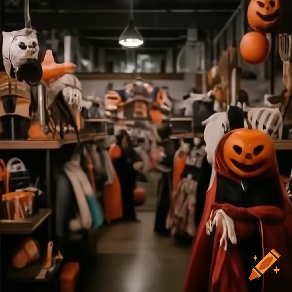 Crowded Halloween store filled with costumes and decorations on Craiyon