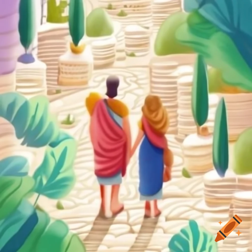 Colorful illustration of roman couple walking on cobblestone road in ...