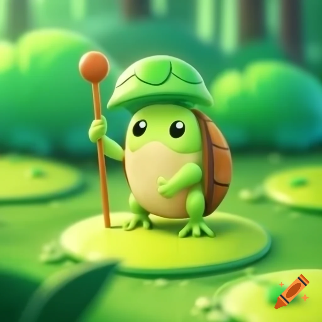 Adorable frog with turtle shield in forest, anime style on Craiyon