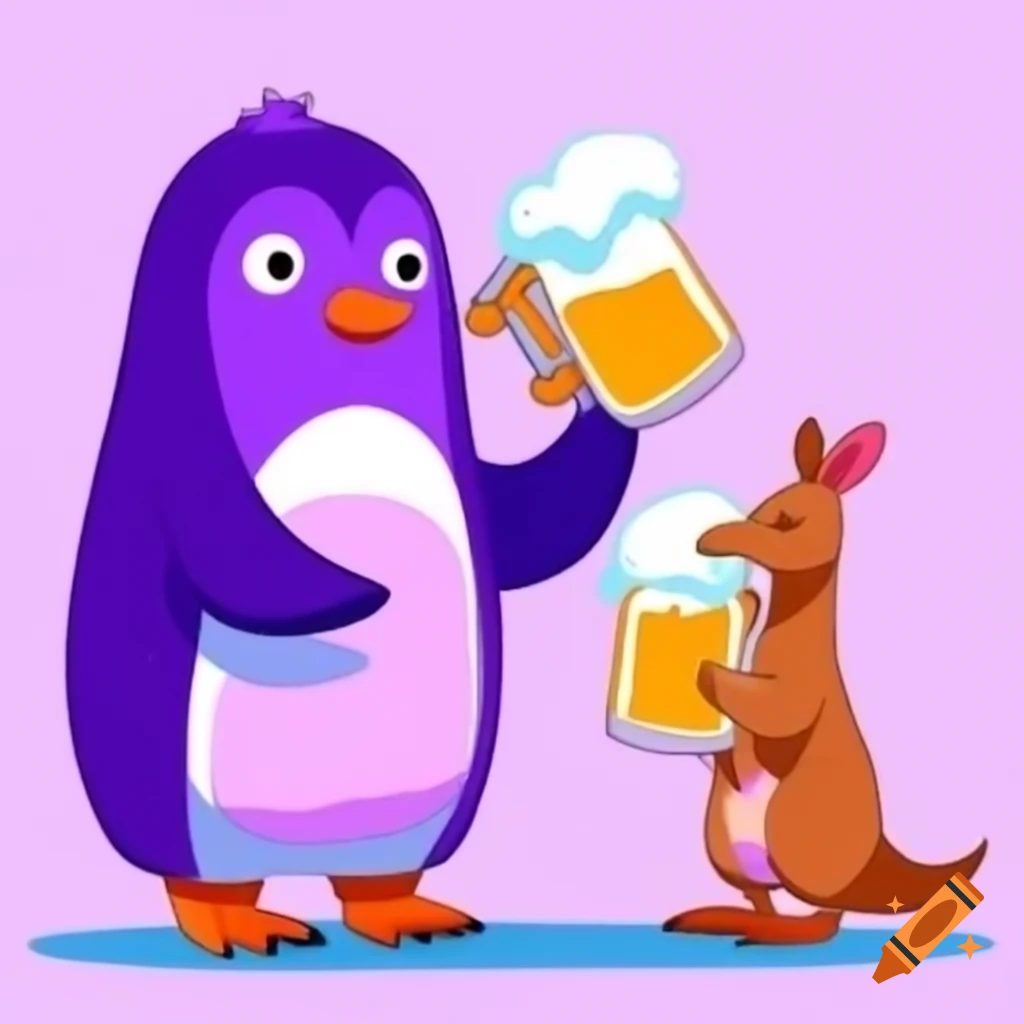 Purple penguin and kangaroo sharing a beer on Craiyon