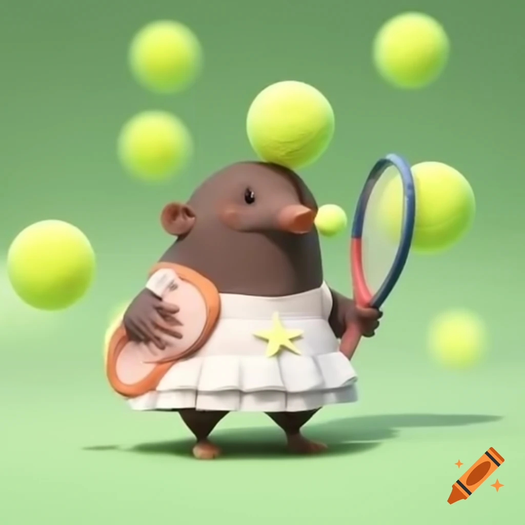 Mole in dress with star-shaped nose stealing tennis balls and smiling ...