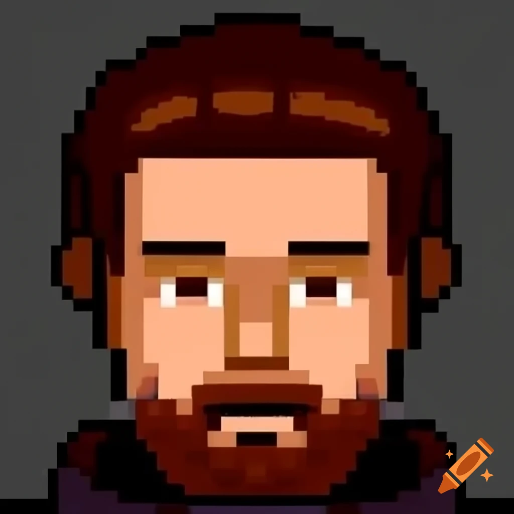 Pixelated 8-bit art of a man with dark brown hair and auburn beard on ...