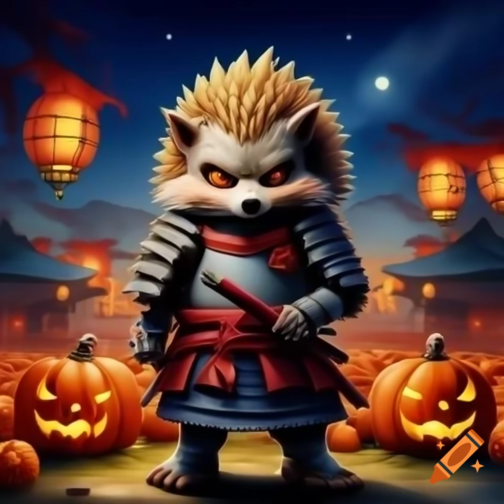 Hedgehog samurai facing glowing jack-o'-lanterns under starry autumn ...