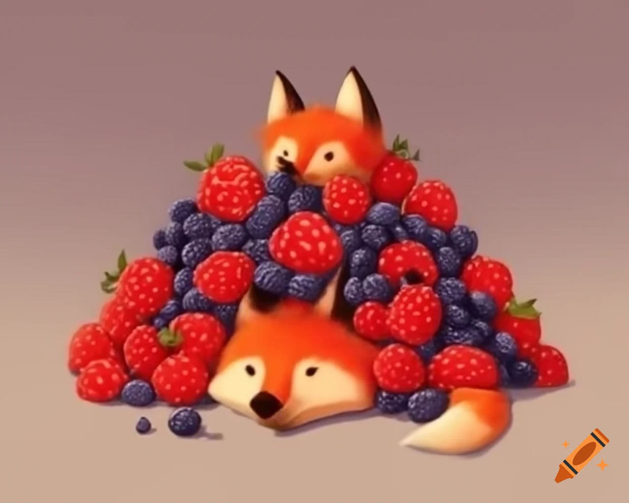 Cartoon middle-aged fox with head poking out from a pile of berries on ...