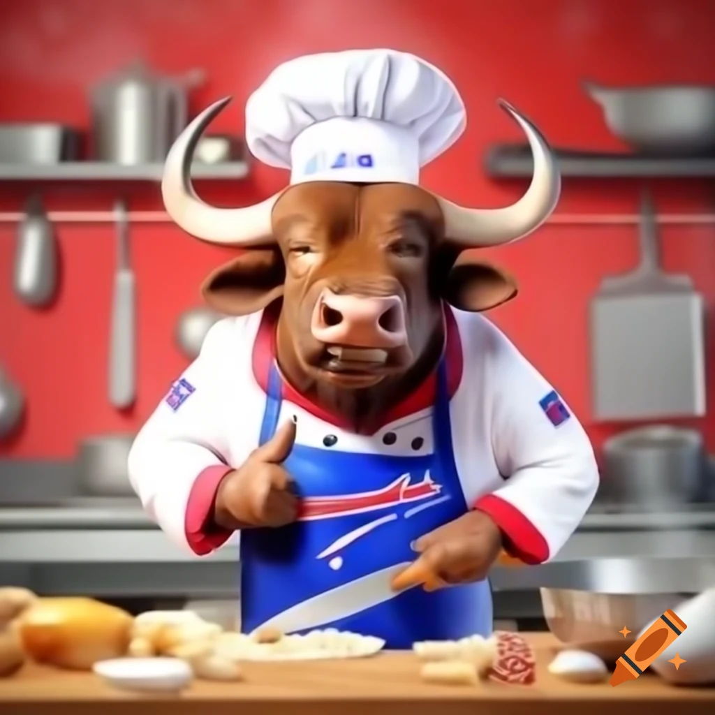 Cartoon buffalo chef in jersey cooking with a knife on Craiyon