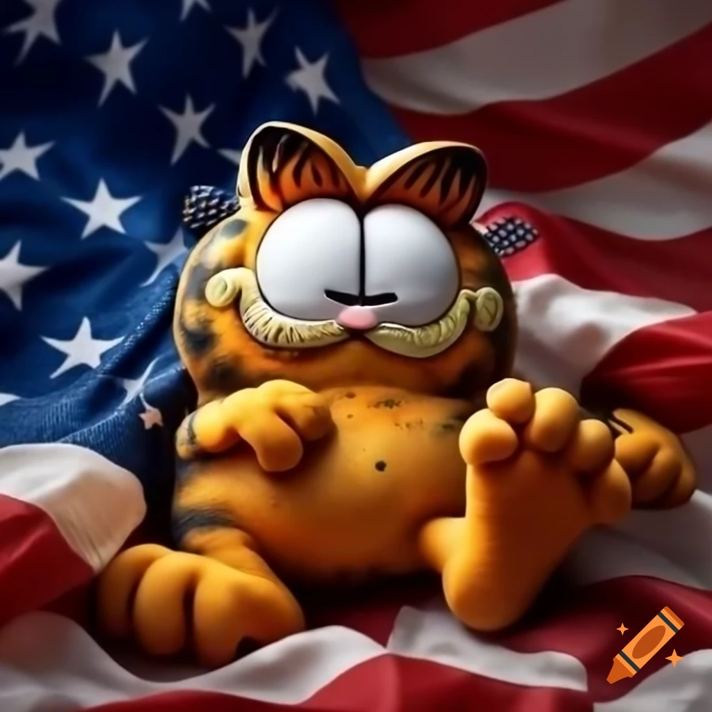 Garfield wrapped in worn-out american flag symbolizing consumerism on ...