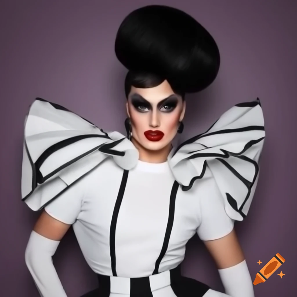 Full color promo of drag queen Etta Kett in white and black dress with ...