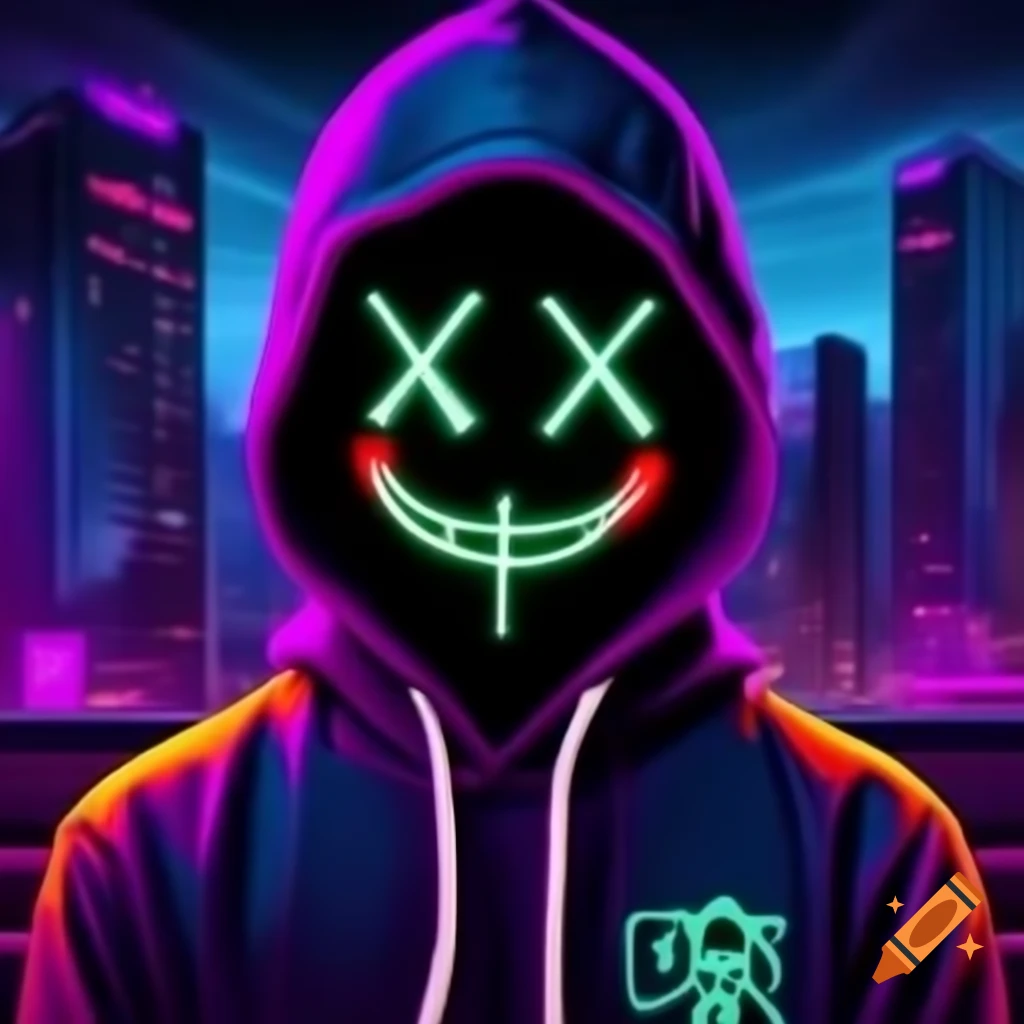 Shocked hacker in mask with vibrant cityscape background on Craiyon