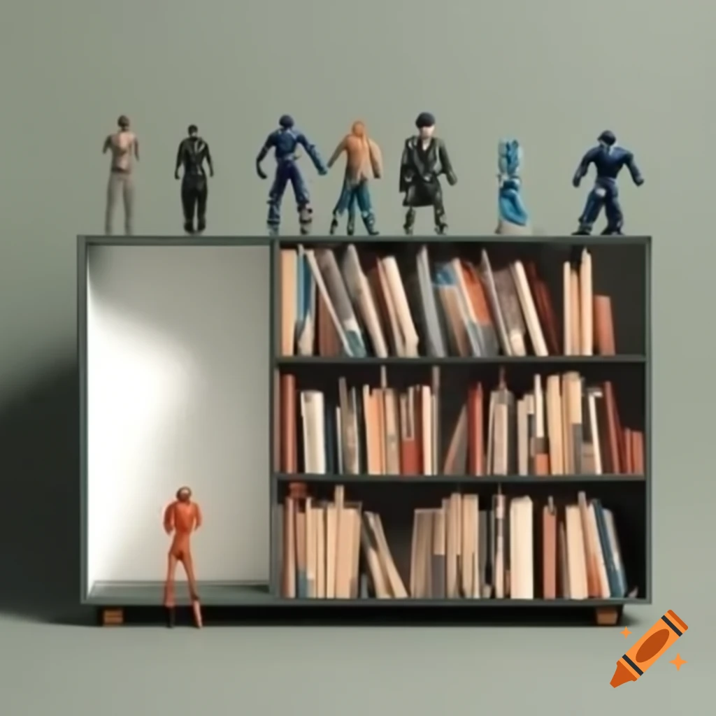 Curated collection of action figures and books on compact shelf on Craiyon