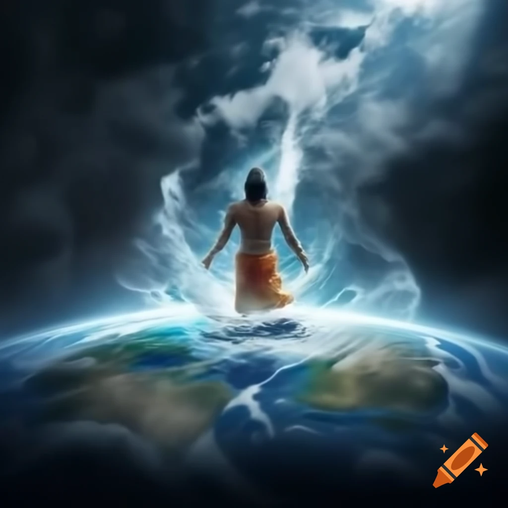 Artistic depiction of God creating land to separate waters on Earth on ...