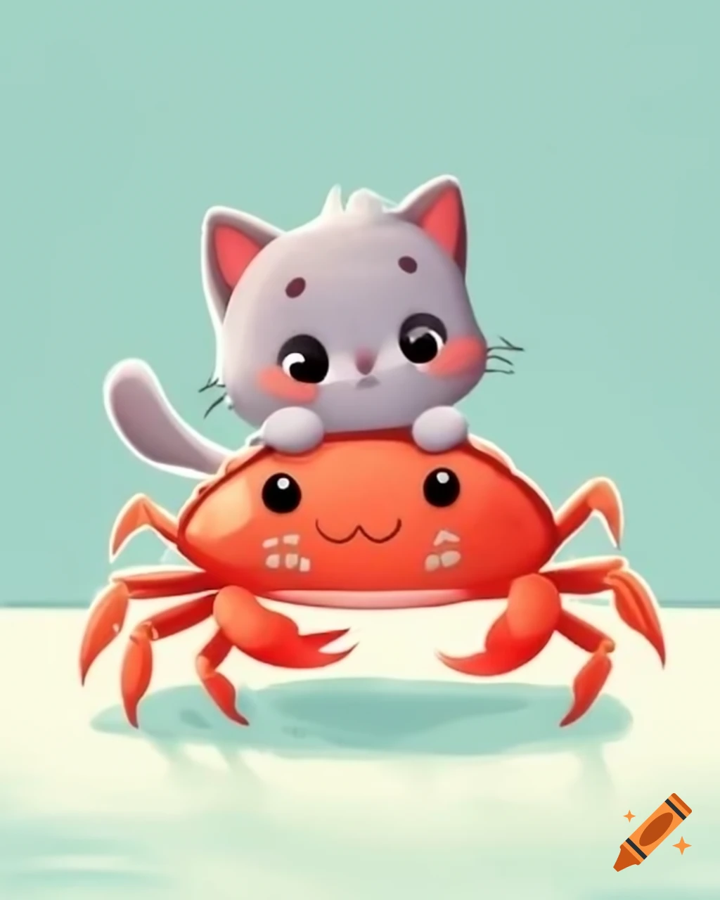 Cartoon-style grey kitten hugging a larger crab on Craiyon