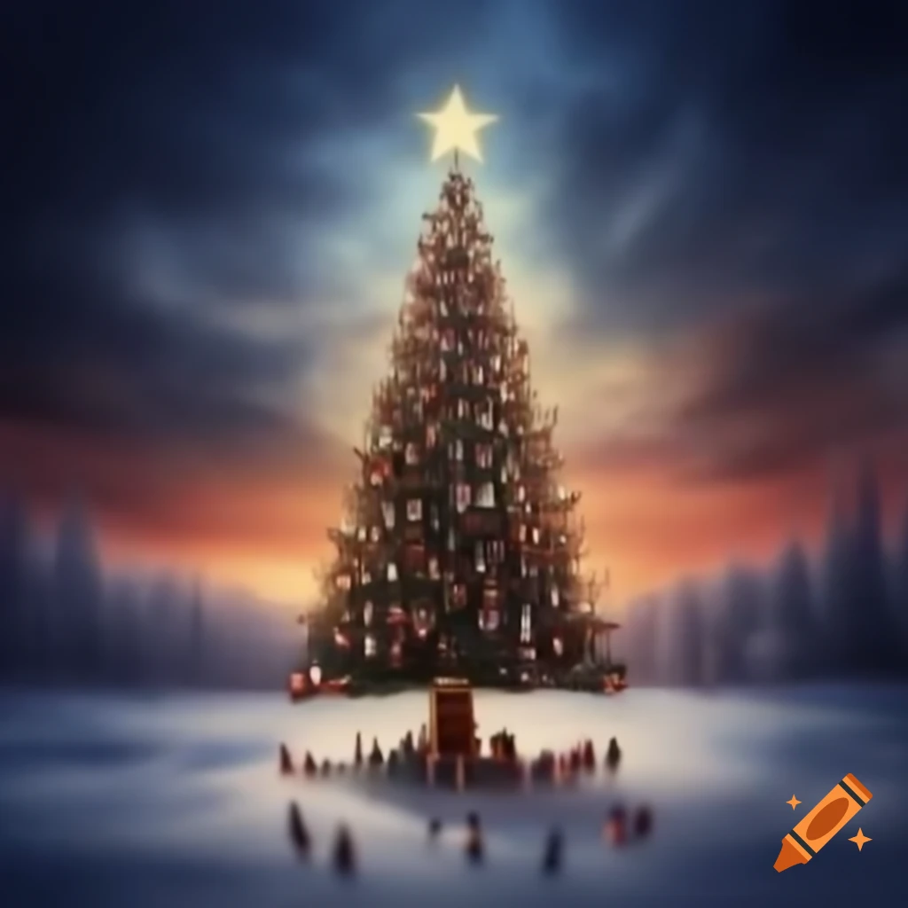 Christmas tree with colorful shoes, group of people on winter day on ...