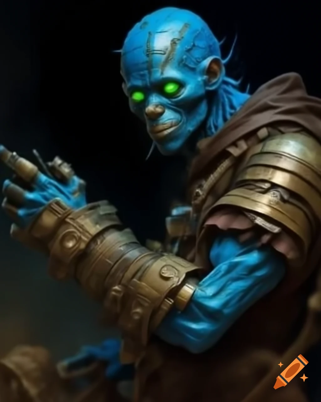Blue humanoid with steampunk metallic arm and ragged clothes on Craiyon
