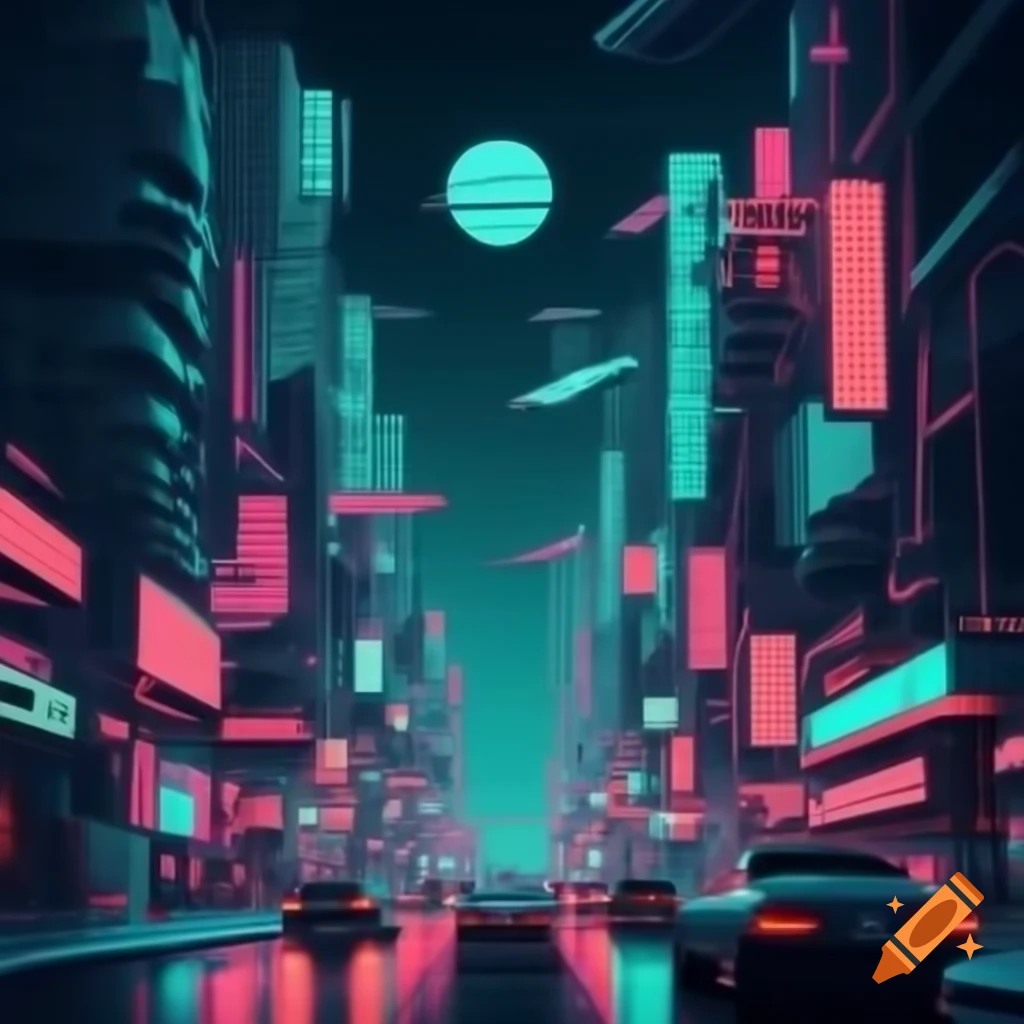 Vibrant retro-futuristic cityscape at night with neon signs and flying ...