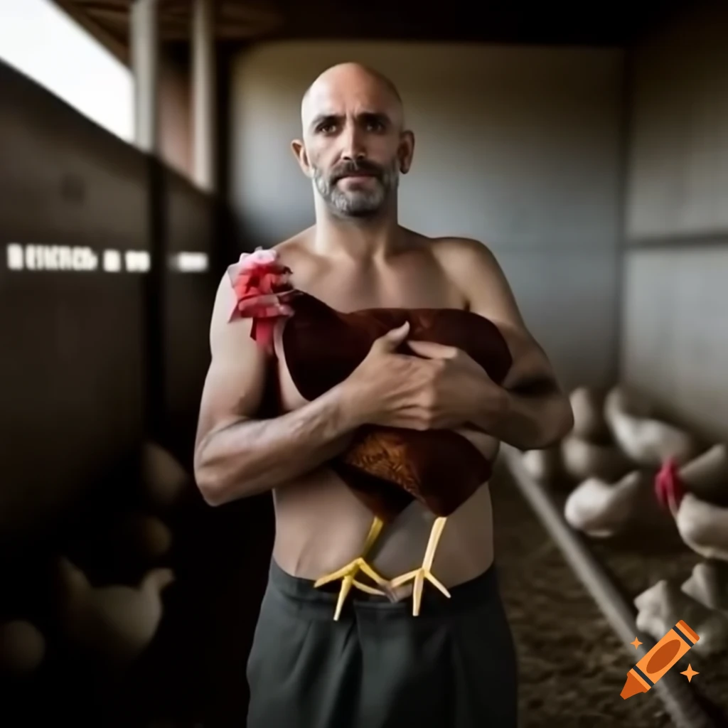 Albanian farmer working at chicken farm, interacting with a chicken on ...