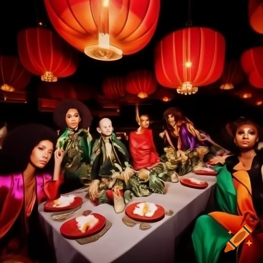 Vibrant dinner event scene with guests in colorful outfits for 'Night ...