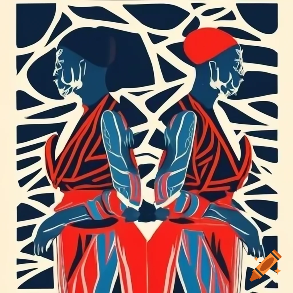 Abstract two-color linocut featuring geometric forms and African figure ...