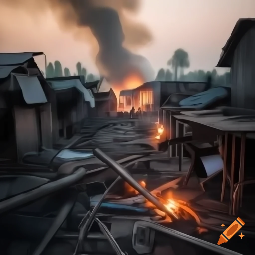 Aftermath of fire in rural village, showing ruins of homes and communal ...