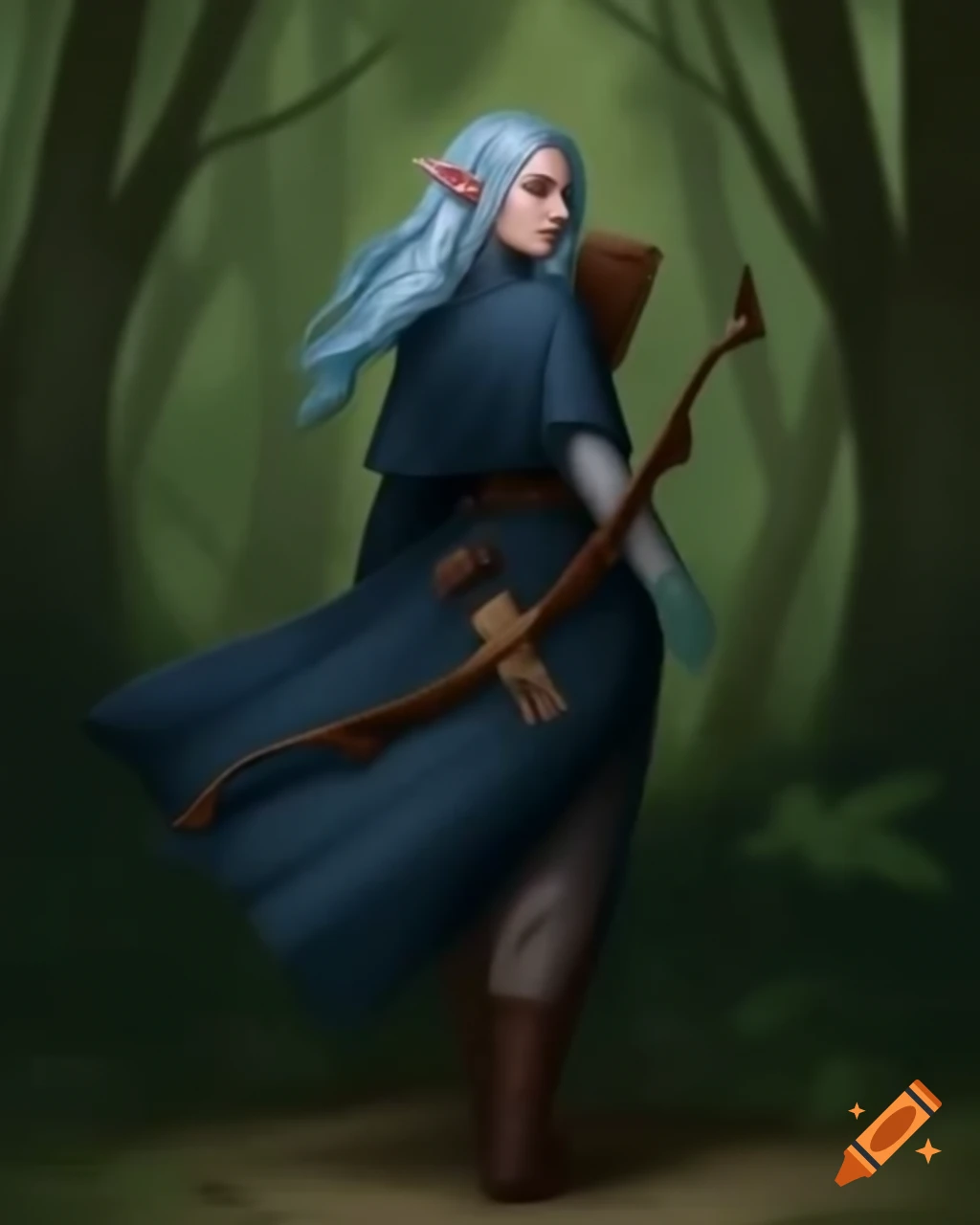 Female elf in navy blue cloak with wooden bow in lush forest on Craiyon