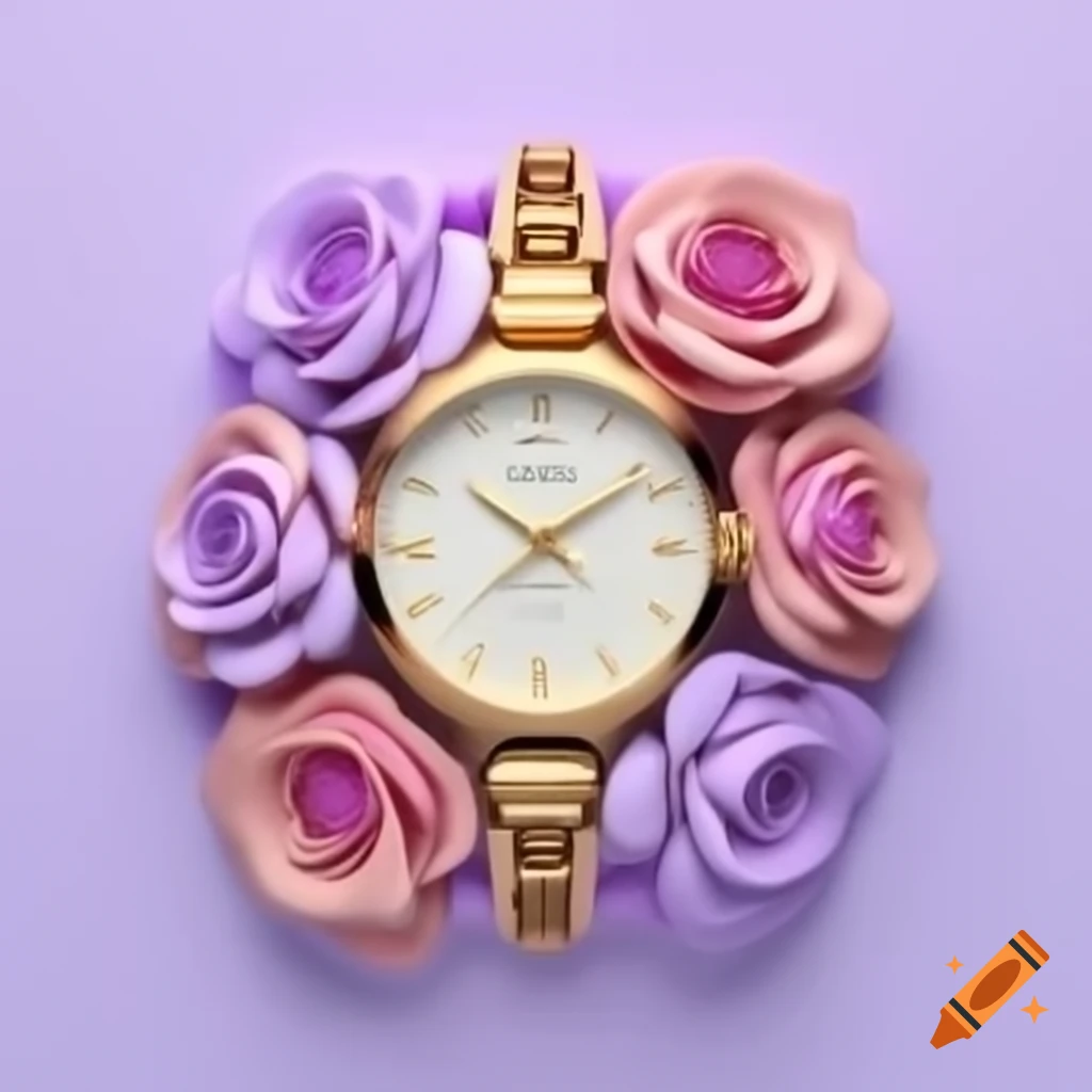 Watch dial featuring gold roses and pastel purple colors on Craiyon