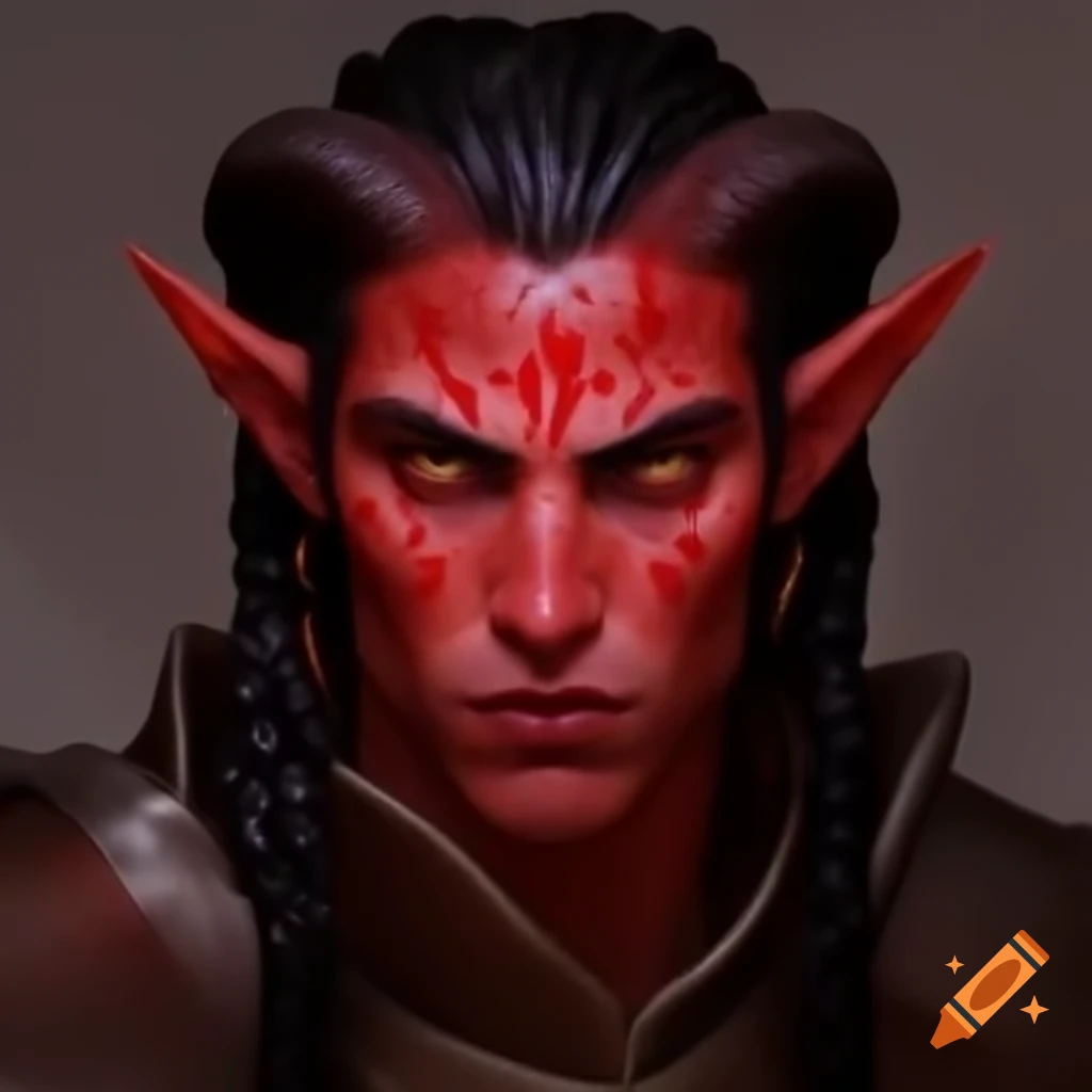 Male tiefling with red skin, black braided hair, and curved horns ...