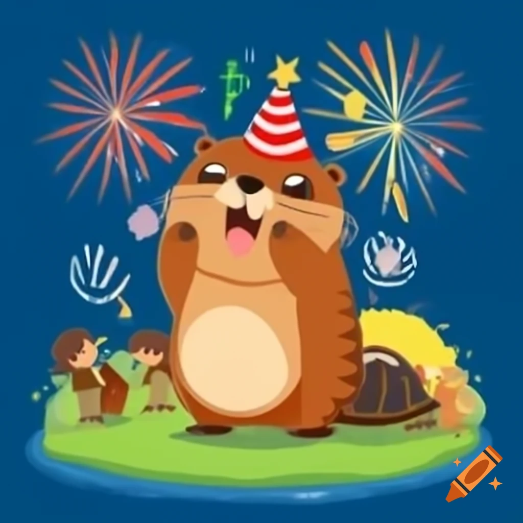 Smiling beaver celebrating birthday with fireworks and friends on Craiyon
