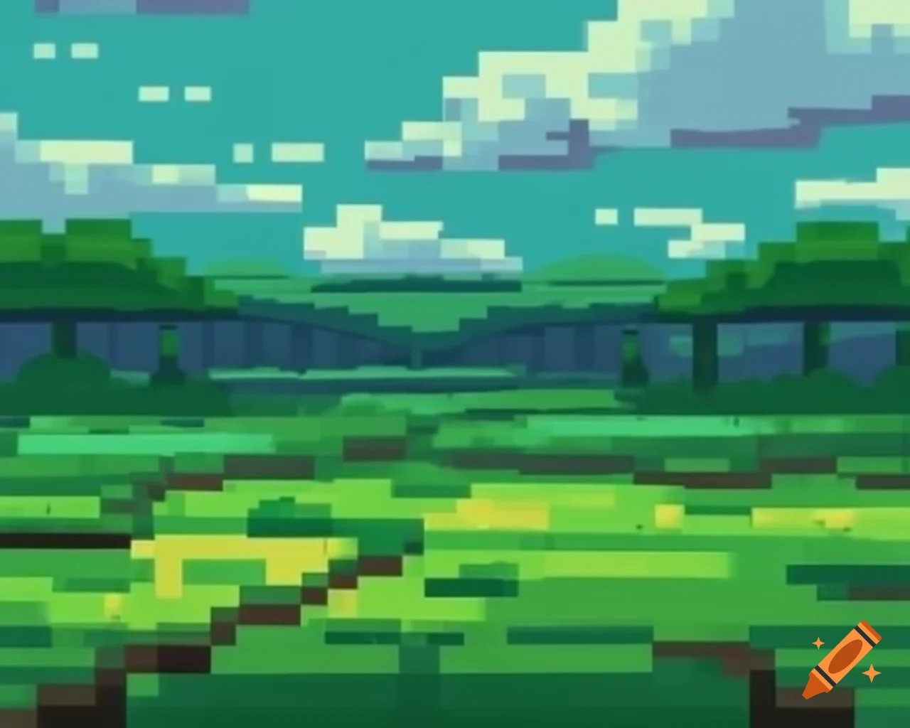 Pixel art landscape depicting a field on Craiyon