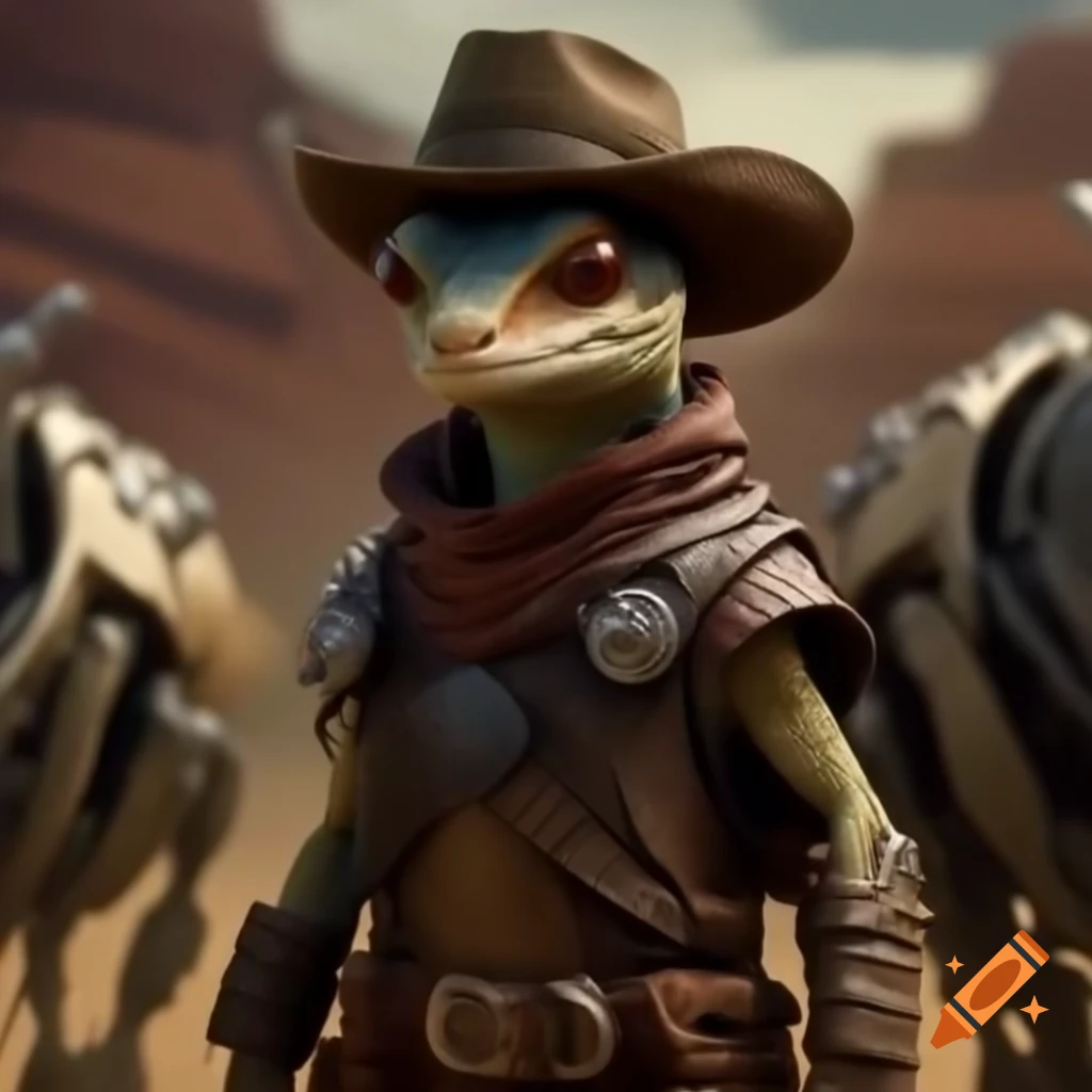 Human gecko character with hat and leather vest beside robotic horse in ...